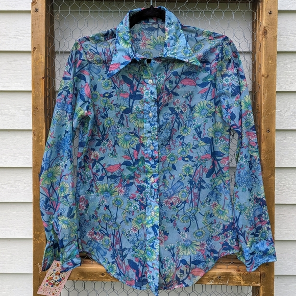 Vintage | Tops | Vintage 97s Cool Toned Blue Butterfly Floral Sheer ...